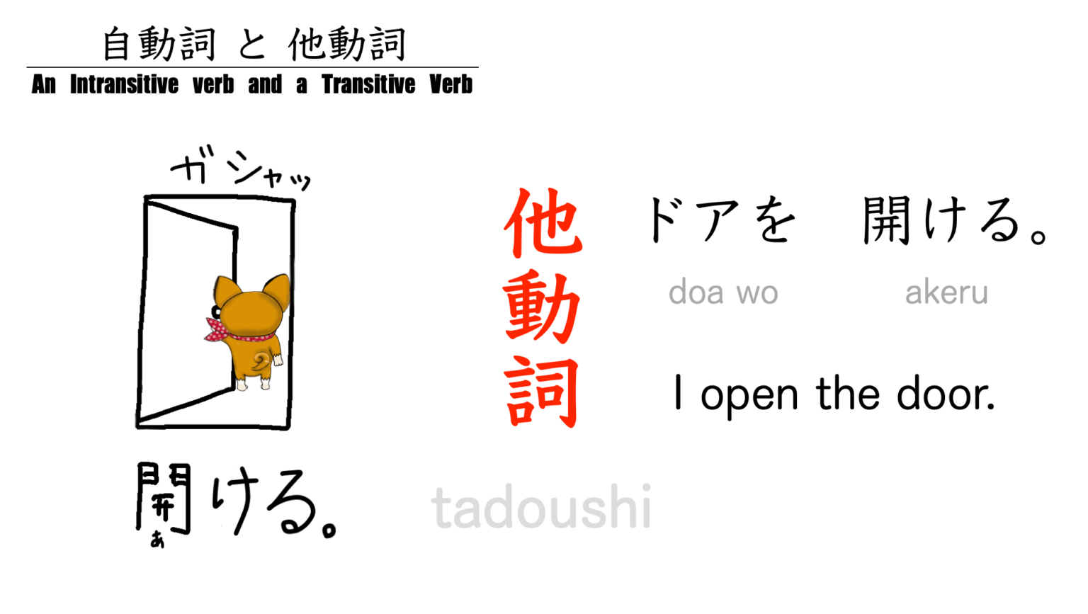 Japanese Lesson 15: Intransitive Verbs vs Transitive Verbs ( Jidoushi ...